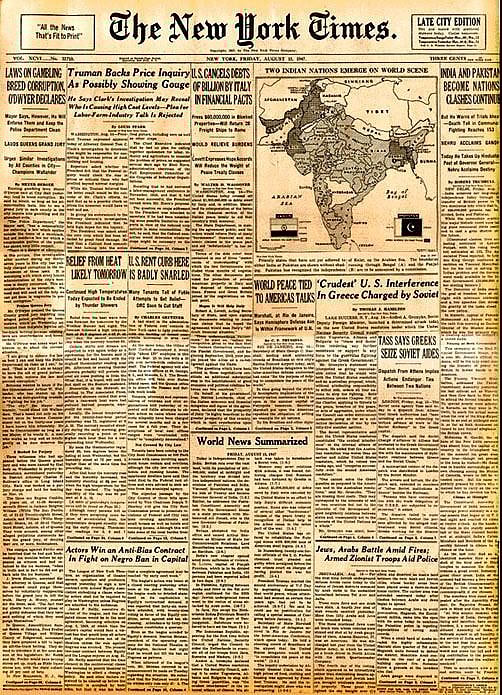 Newspaper headlines on August 15, 1947