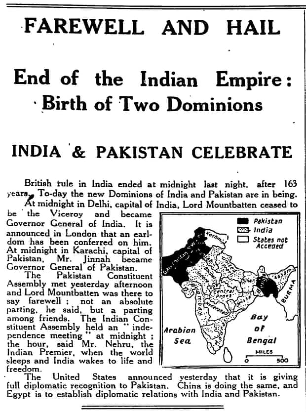 15th August 1947: The newspaper headlines