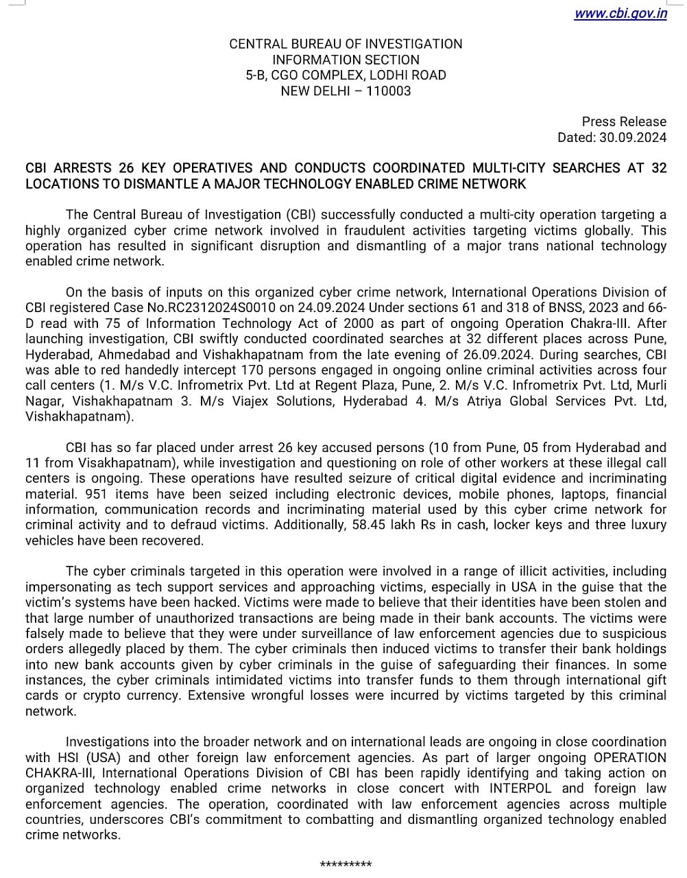 CBI dismantles global cybercrime network, arrests 26 in multi-city ...