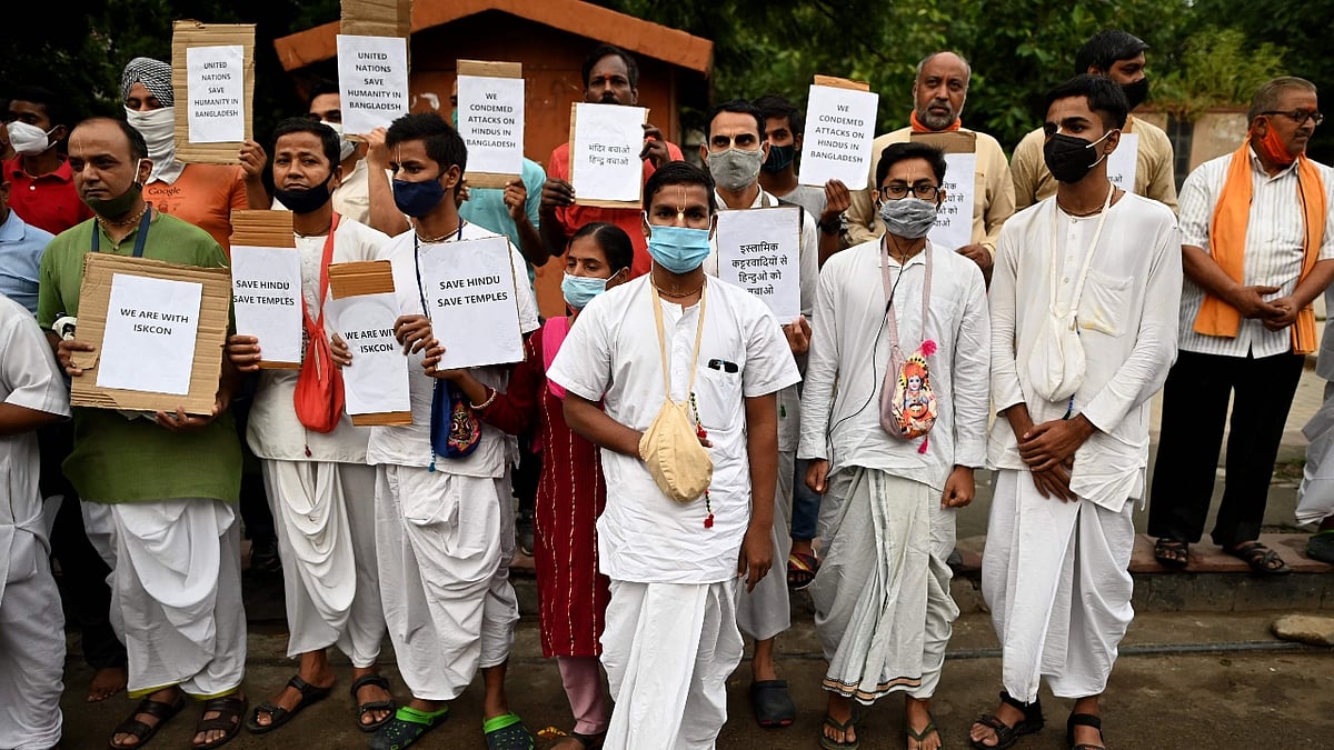 ISKCON members stage a protest against the attack on devotees in Bangladesh